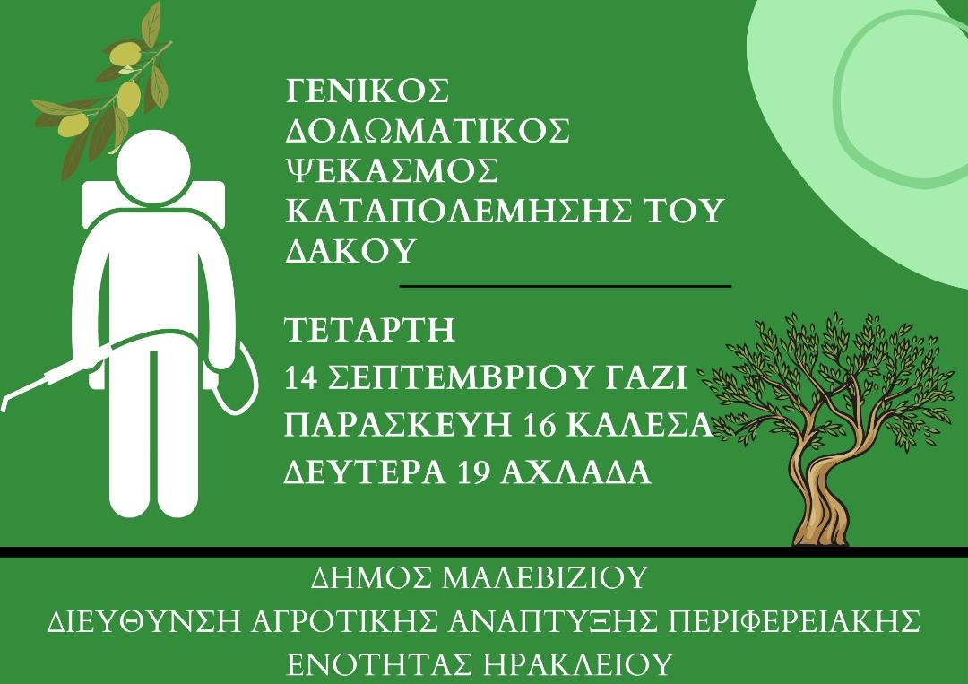 Γενικός δολωματικός ψεκασμός καταπολέμησης του δάκου σε Γάζι, Καλέσα ...